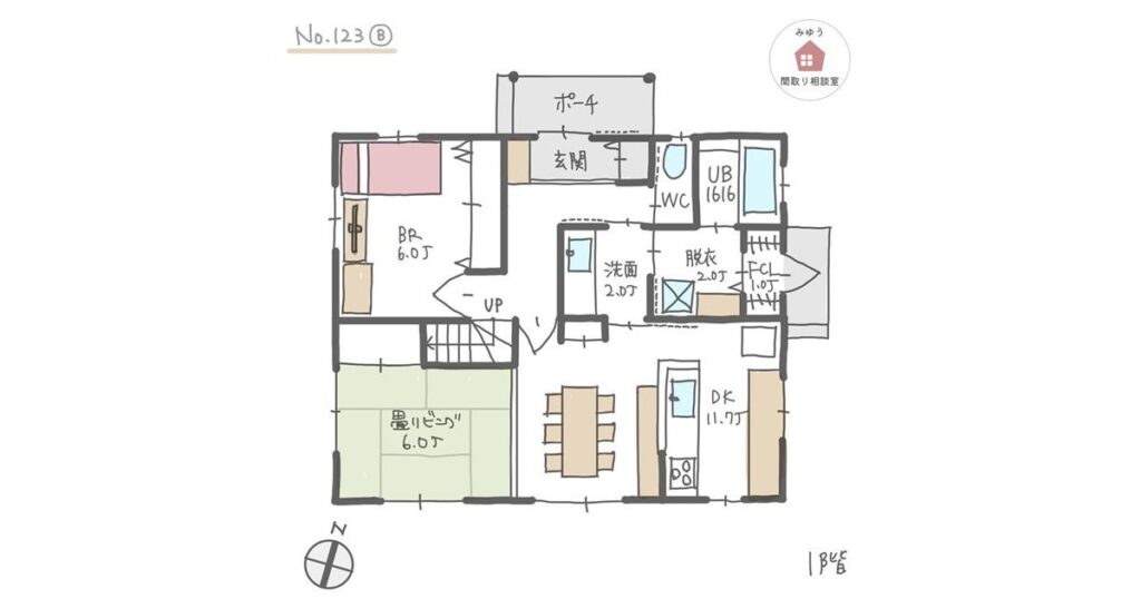 日当たりの良い畳リビングがあり、LDKと水回りが隣り合う家事ラク回遊動線の間取り【40坪5LDK2階建】No.123B | みゆう間取り相談室