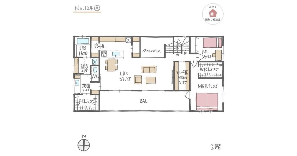 車いすでも移動しやすい親世帯と、犬が走り回れる2階子世帯の完全分離型二世帯住宅の間取り【64坪3LDK＋1LDK2階建】No.124A | みゆう間取り相談室