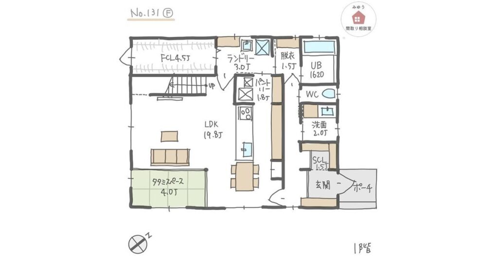 玄関から、キッチンから、リビングから水回りに入れる水回り回遊動線間取り【38坪3LDK2階建】No.131F | みゆう間取り相談室