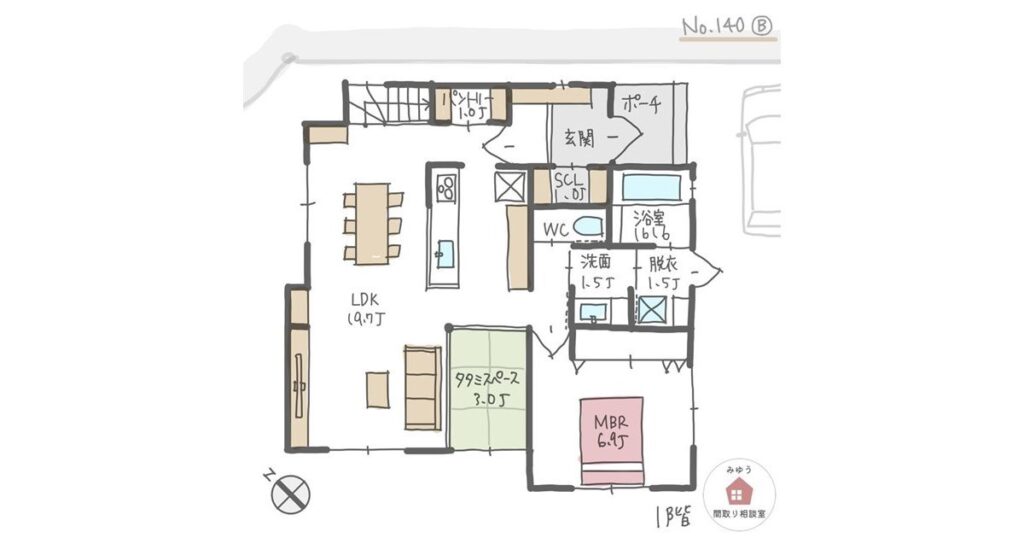 洗面脱衣別で水回りとキッチンが近接した家事動線の良い間取り【30坪3LDK2階建】No.140B | みゆう間取り相談室