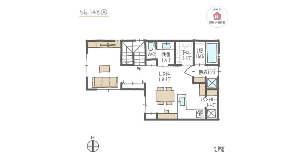 L字型形状の建物で、2階リビング周辺で家事を完結できる間取り【29坪3LDK2階建】No.148A | みゆう間取り相談室