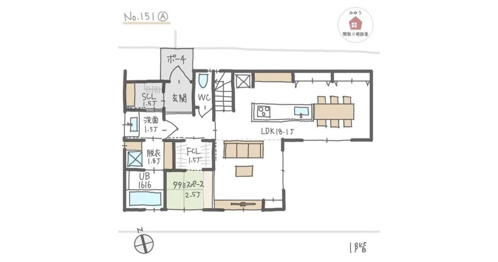 キッチンテーブル横並びでLDKから庭を眺められる間取り【32坪4LDK2階建】No.151A | みゆう間取り相談室