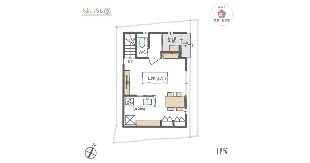 狭小住宅でも寝室と水回りが2階にあり、洗面所が広めで室内干しできる間取り【22坪2LDK3階建】No.156B | みゆう間取り相談室