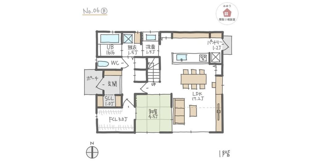 洗面脱衣別で広めファミリークローゼットが1階にある総二階回遊動線間取り【36坪5LDK2階建】No.06B | みゆう間取り相談室