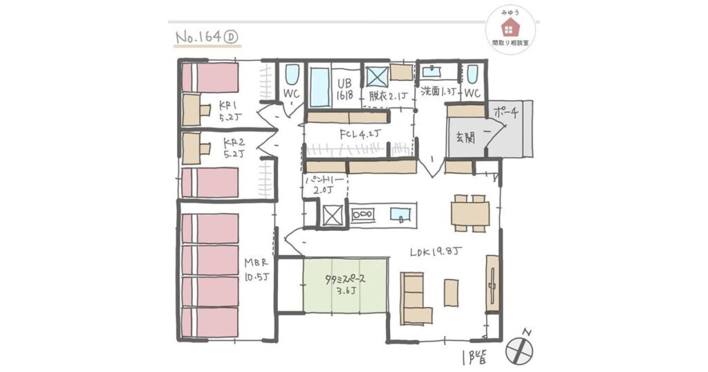 畳スペースとリビングが日当たり良い南側にある間取り【32坪3LDK平屋建】No.164D | みゆう間取り相談室