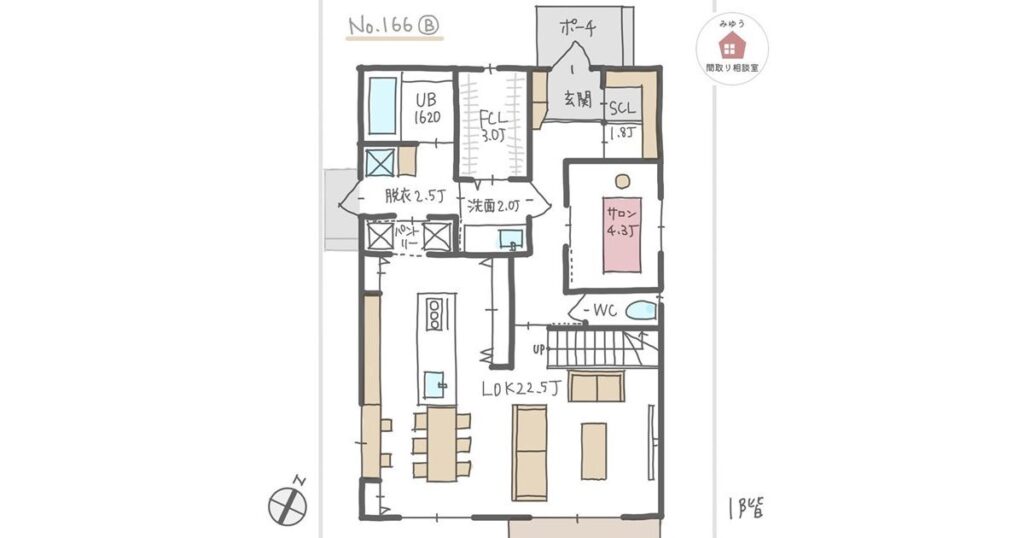 キッチンと水回りが近接し、それぞれに収納が充実したサロン付き住宅間取り【37坪3LDK2階建】No.166B | みゆう間取り相談室