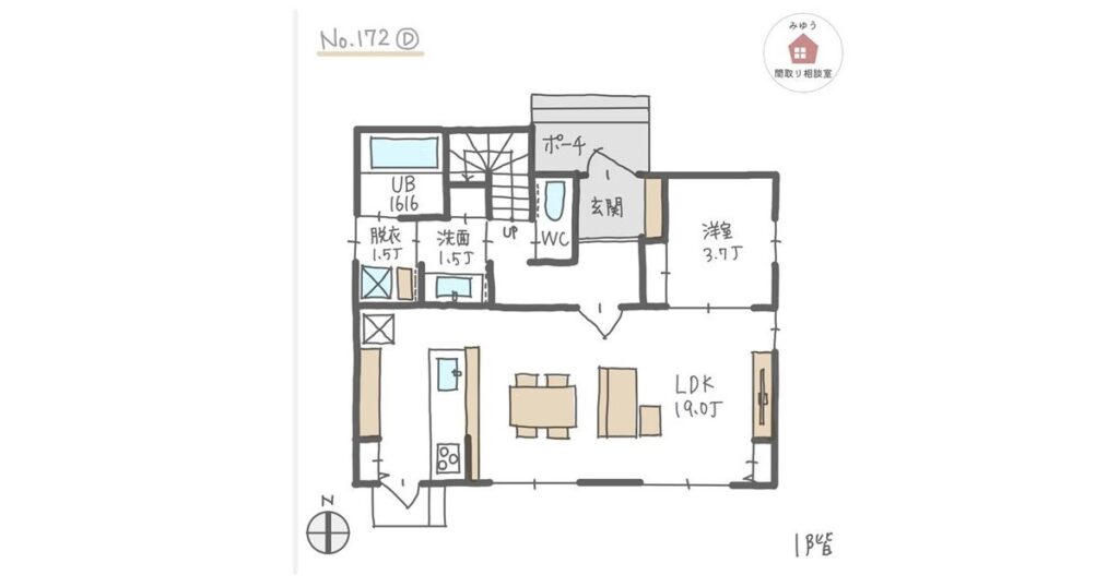 LDK直線配置でリビング横に仕切れる洋室がある総二階間取り【35坪4LDK2階建】No.172D | みゆう間取り相談室
