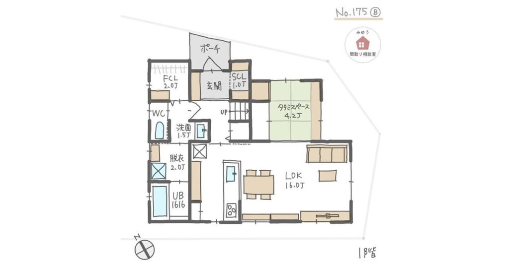 南側にLDK直線配置でリビング横に畳スペースがある間取り【31坪4LDK2階建】No.175B | みゆう間取り相談室