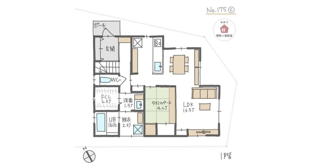 不整形な土地を活かした建物配置でリビングの隣に畳スペースがある間取り【32坪4LDK2階建】No.175C | みゆう間取り相談室