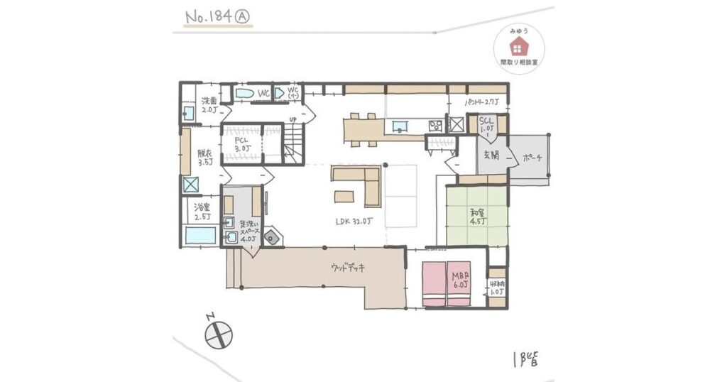 広い吹抜けリビングがある犬との暮らしを楽しむ間取り【49坪5LDK2階建】No.184A | みゆう間取り相談室
