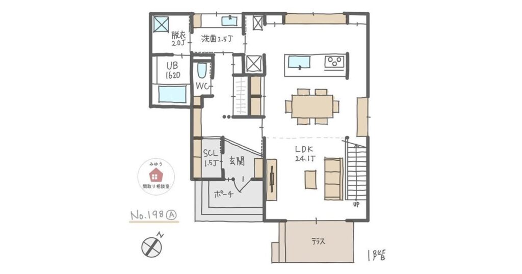 広々していて直線配置のLDKで吹抜けリビングがテラスと隣り合う開放的な間取り【38坪3LDK2階建】No.198A | みゆう間取り相談室