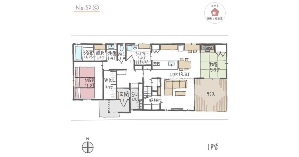 2階は子供部屋3室で、1階に水回りと主寝室があるほぼ平屋間取り【44坪5LDK2階建】No.52C | みゆう間取り相談室